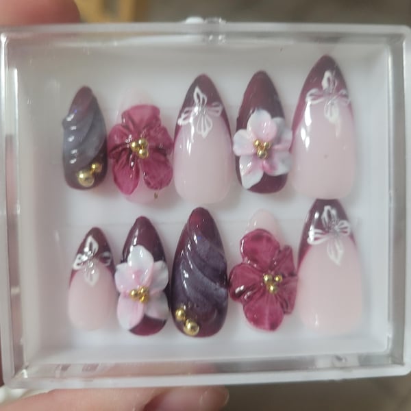 3D Flower Freestyle Medium Almond Press on Nails, Ombre Nail | Red ...