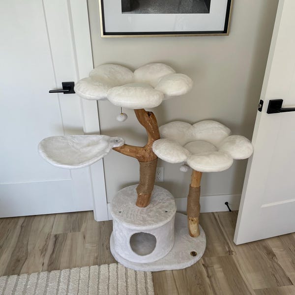 Wood Floral Cat Tree Tower, Wooden Cat Tower, Modern Cat Climbing Tree ...