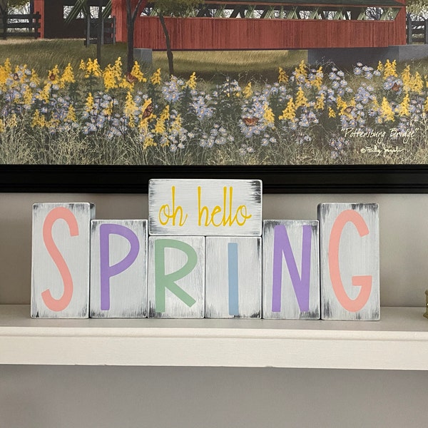 Reversible Spring/summer Wood Blocks, Hello Spring Two Sided Decor, Two ...