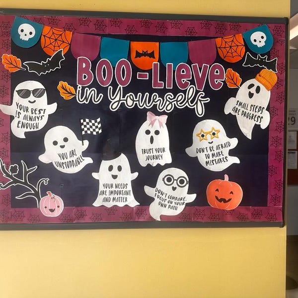 Boo-lieve in Yourself Halloween Bulletin Board Kit orange Affirmations ...