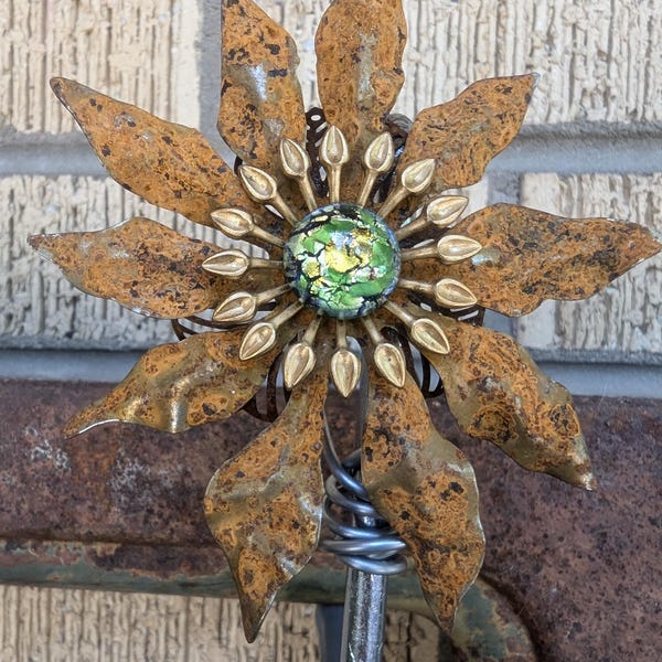 3 3/4" Rusted Metal Flower With Glass Center on 12" Stem - Etsy