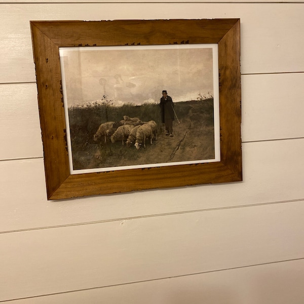 Shepherd and Sheep Painting, Farm Animal Print, Vintage Farmhouse Decor ...