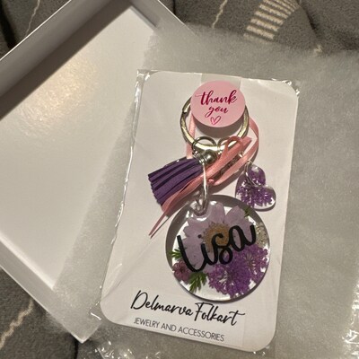 Custom Purple Flower Resin Keychain, Personalized Pressed Dried Floral ...