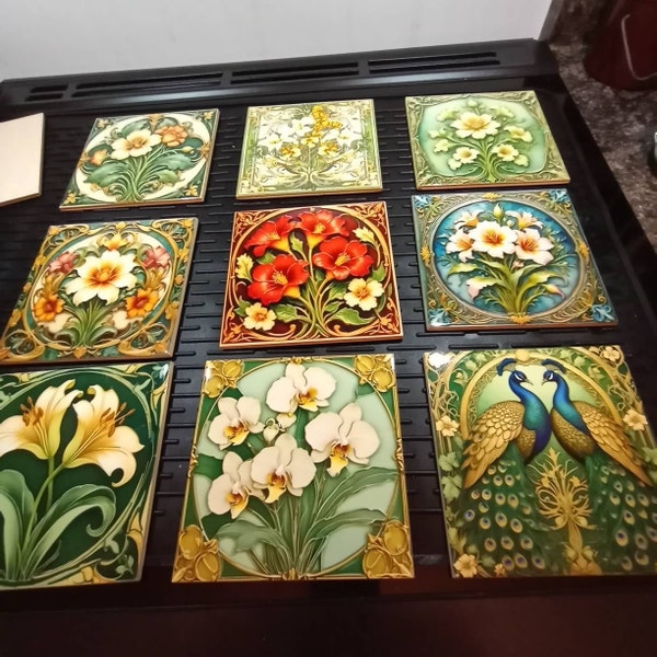 Art Nouveau Floral Ceramic Tile Mural/mosaic art Nouveau Wall Decor Tiles kitchen Backsplash ...