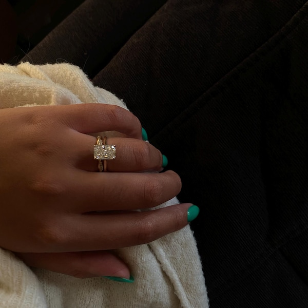 2.70 CT Champagne Yellow Emerald Cut Lab Created Diamond Half Bezel ...