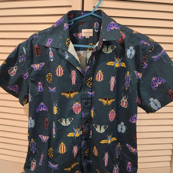 Organic Cotton Bug Print Shirt, Teal Button Up, Bug Shirt, Cotton Shirt ...