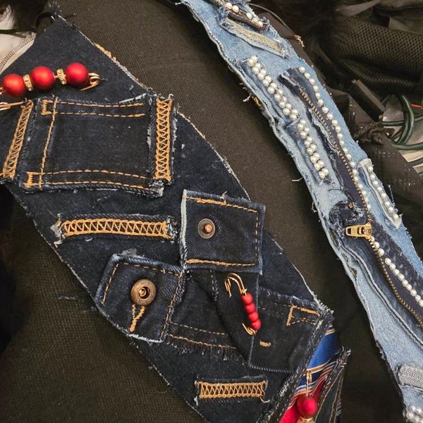 Distressed Denim Pearls Patchwork Necktie Necklace (as Shown or Similar Style - Please See All ...