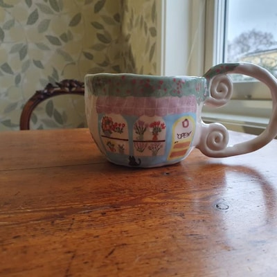 Aesthetic Hand Painted Blue Flower Mug, Ceramic Floral Design Tea ...