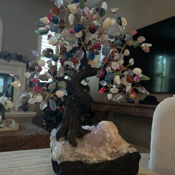 17" Tall Handmade Gemstone Tree W/ Crystal Cluster Base, 240 Total Gems ...