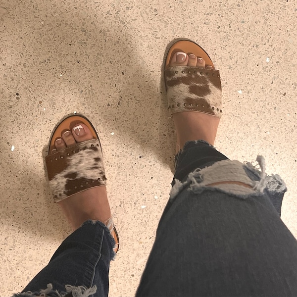 Genuine Cowhide Western Sandals – Crafted Leather and Hair on Slides ...