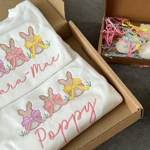 Embroidered Personalised Easter Top, Bunnies With Bows - Etsy UK