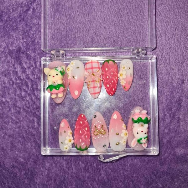 Unique Almond Nail Set, Handmade 3D Strawberry Press on Nails, 3D Fruit ...