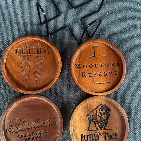 Laser Engraved Bourbon Coasters - Wood Coaster Set With Wire Rack - Etsy