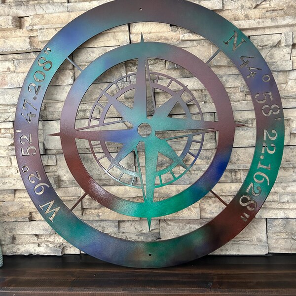 Personalized Compass Metal Sign - Custom Coordinates Sign - Nautical ...