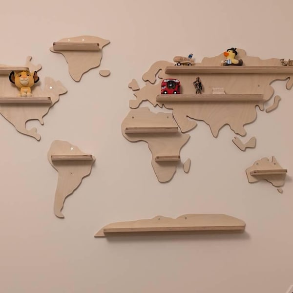 Handcrafted Wooden World Map Shelf, Continent Wall Shelves Decoration ...