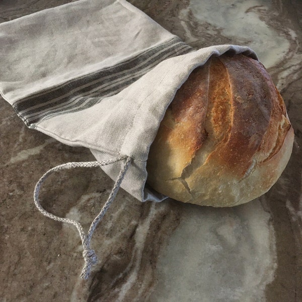 Rustic Linen Bread Bag, Grain Sack Style Striped Linen Bread Loaf Bag ...