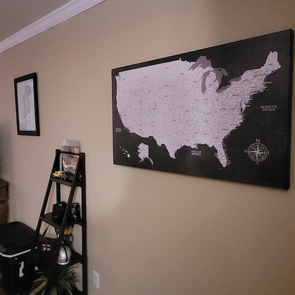 Grey USA Push Pin Map Custom Canvas, Personalized Travel Map, Detailed ...