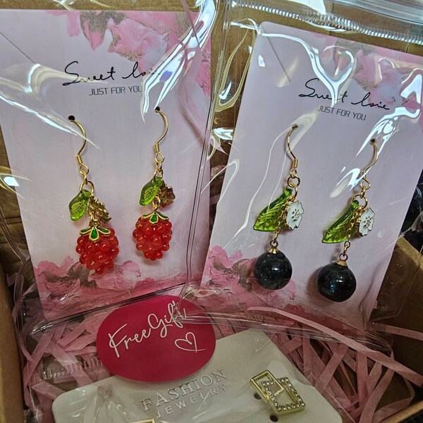 Raspberry Earrings Glass Fruit Earrings Food Jewelry Dangle & Drop ...