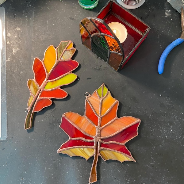 Autumn Oak and Maple Leaf Stained Glass Pattern Digital Download, Tree ...
