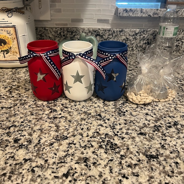 Set of Patriotic Painted Mason Jar Tea Light Candle Holders, Painted ...