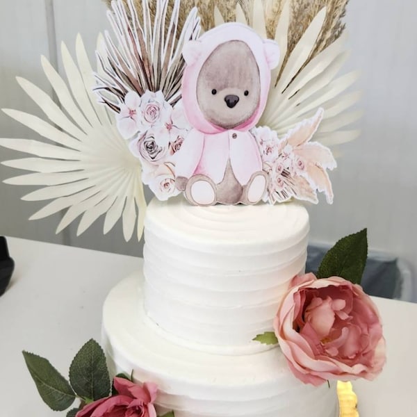 Pink Teddy Bear Cake Topper | Pastel Theme Baby Shower Decor, Diaper ...