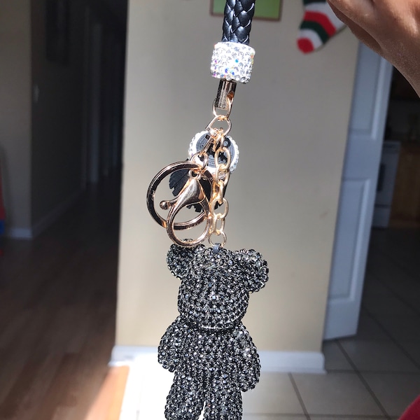 AB Crystal Bear Key Chains Cute Keyrings Tassel Rope Braided Leather ...