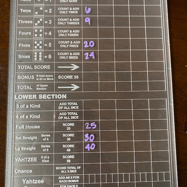 Yahtzee Erasable Acrylic Scorecard - Personalized! - Etsy