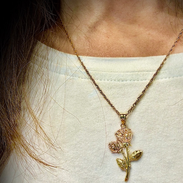 Gold Long Stem Double Rose Charm With Optional Chain - 10 Karat Solid ...