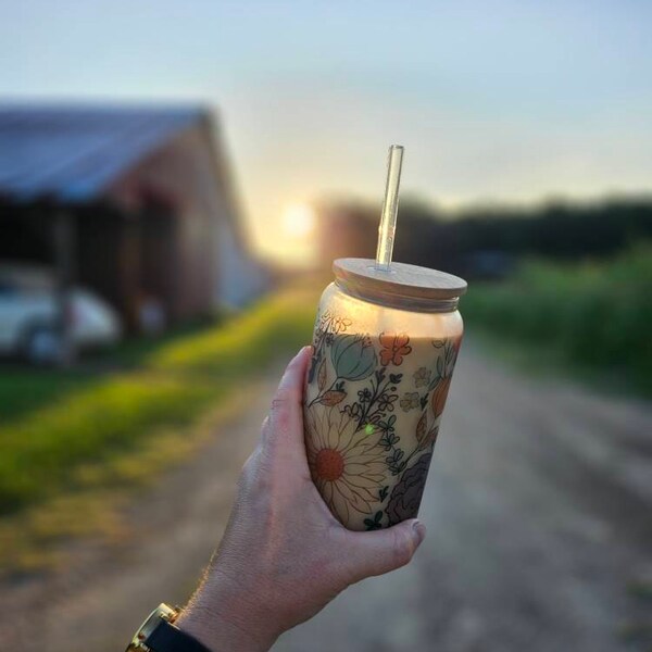 Fall Floral Glass Can Cup, Iced Coffee Cup, Smoothie Glass, Fall Cup ...