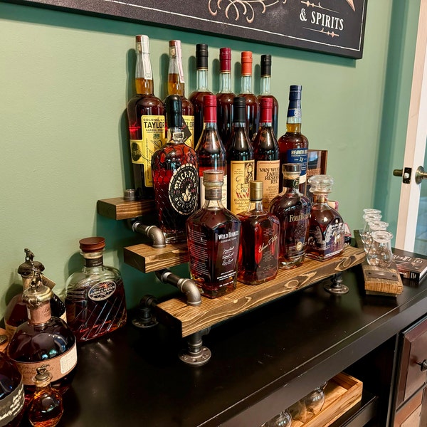 Freestanding Industrial Liquor Display, Black Pipe Tiered Shelving, Bar ...
