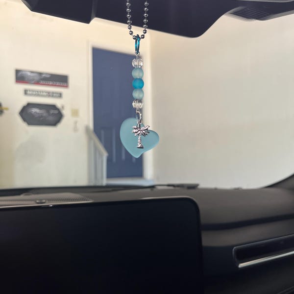 Blue Sea Glass Heart Car Charm: Palm Tree Rearview Mirror Accessory - Etsy