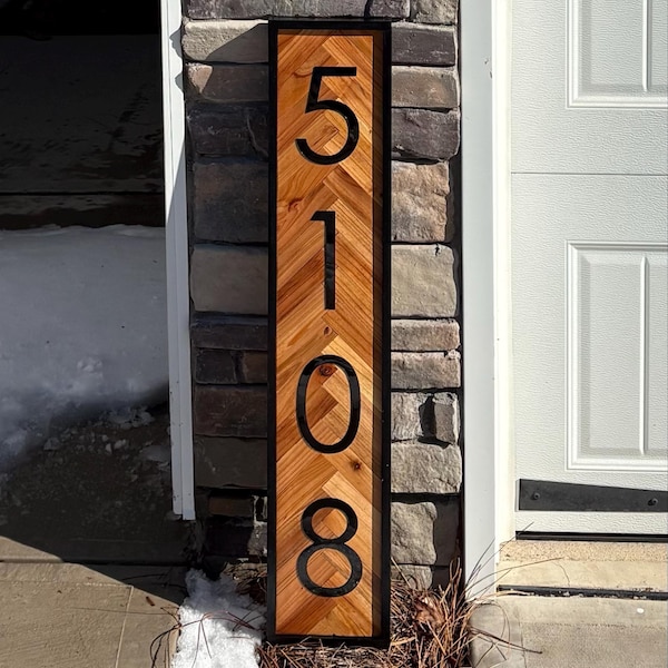 Handcrafted Cedar Address Sign: Modern Herringbone House Number Plaque ...