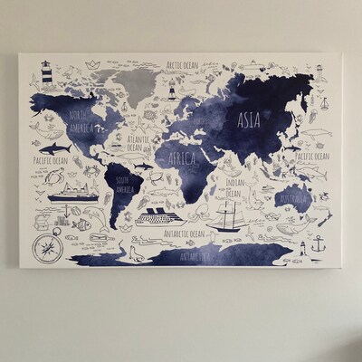 Navy Blue Map for Kids, Nautical Nursery Art, Printable World Map, Boys ...