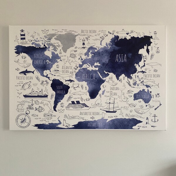 Navy Blue Map for Kids, Nautical Nursery Art, Printable World Map, Boys ...