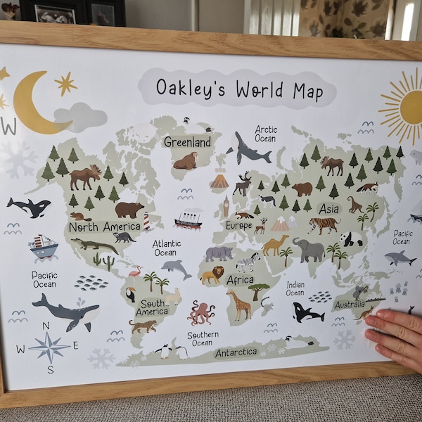 Personalised World Map Print UNFRAMED, Animal World Map, Kids Poster ...