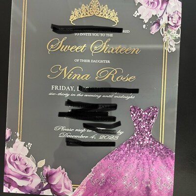 Clear Acrylic Quinceañera Invitations With Pink Flowers and Gold Text ...