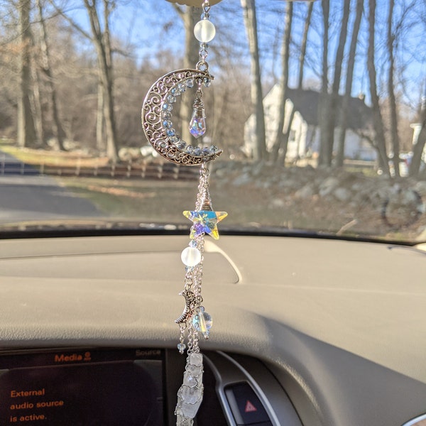 Shiny Crescent Moon Suncatcher, Rearview Mirror Car Charm, Window Decor ...