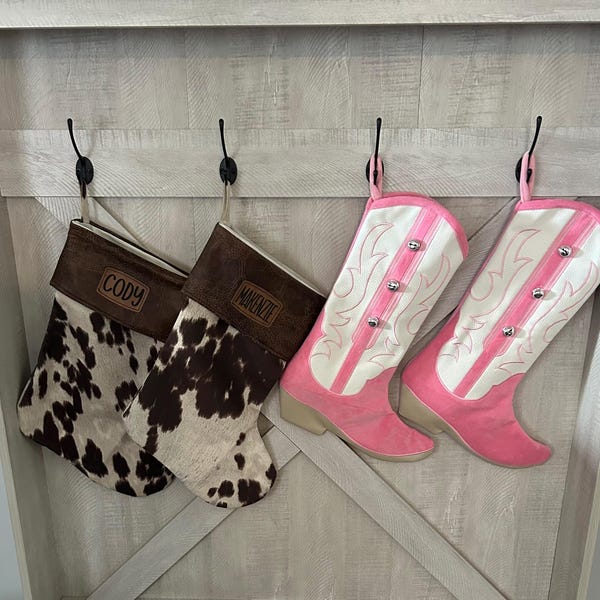Cow Print Christmas Stockings, Cowhide Print, Burnt Orange, Tri Color ...