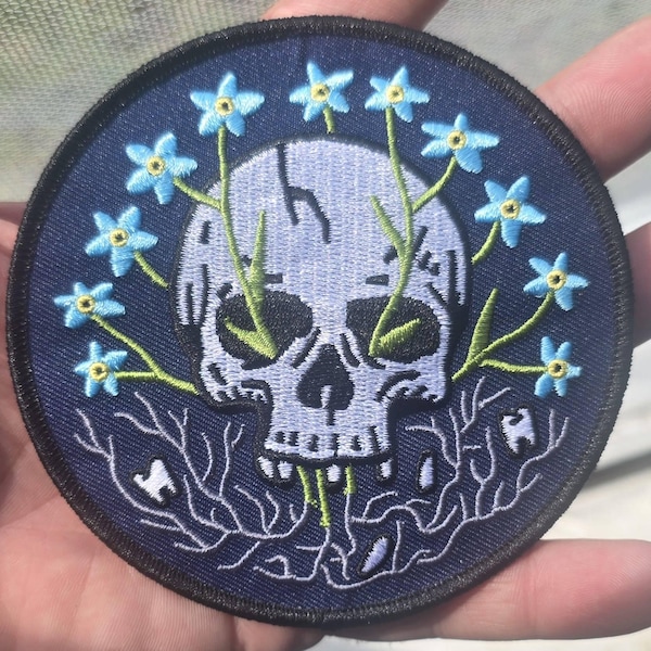 Forget Me Not Embroidered Iron on Patch - Memento Mori Skull Patch - Etsy