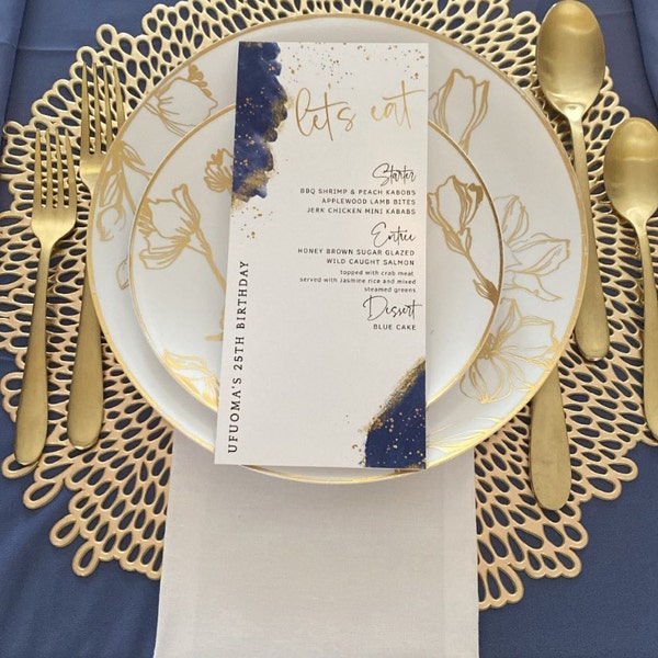 Blue Gold Menu Card Editable Template Birthday Party Dinner Table Menus ...