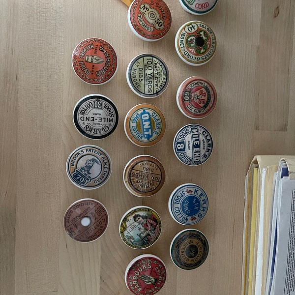 Set of 8, Vintage Sewing Thread Spool Labels Knobs, Cabinet Knobs ...