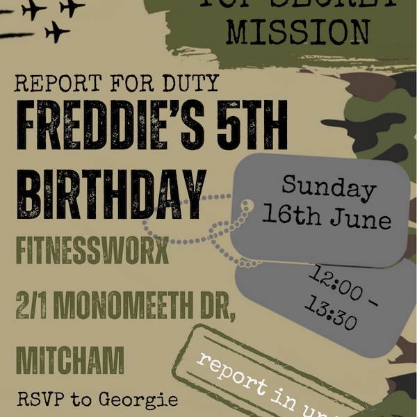 Military Theme Birthday Invitation, Camo Invite, Army Theme Invitation ...