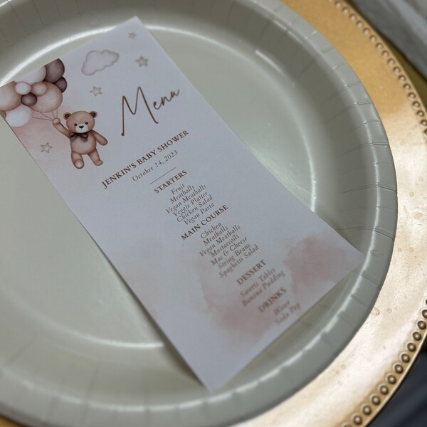 Editable Teddy Bear Baby Shower Menu Template We Can Bearly Wait Menu ...