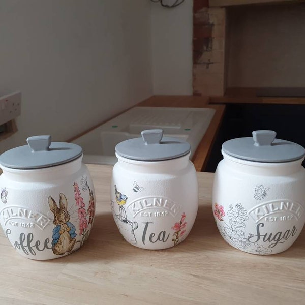 Peter Rabbit Decoupage Kitchen Canister Jar Set. Tea, Coffee and Sugar ...