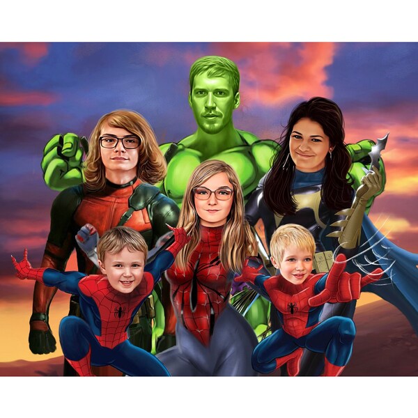 Superheroes Family Portrait - Custom Cartoon Portrait, Custom ...