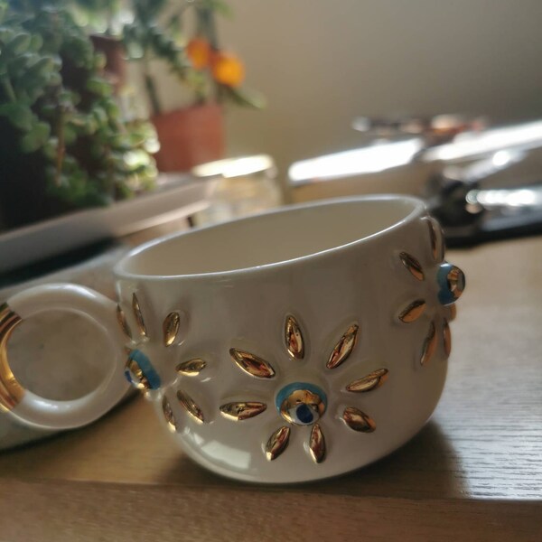 24K Gold Evil Eye Mug With Plate - Turkish Coffee Mug - Tea Mug ...