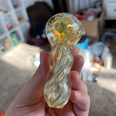 Yellow and Blue Fumed Glass Pipe Handmade Unique Golden Heady ...