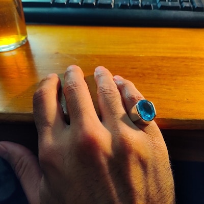 12 Carat Rare Deep Blue London Topaz Mens Square Shape Ring Sterling ...