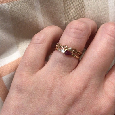 Ruby Ring / 14k Gold Pear Shape Natural Ruby With Pear Shape Diamond ...