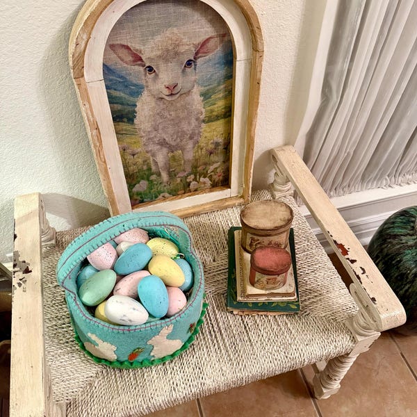 Primitive Paper Mache Chick, Easter Decor, Sage Green Band Pantry Box ...